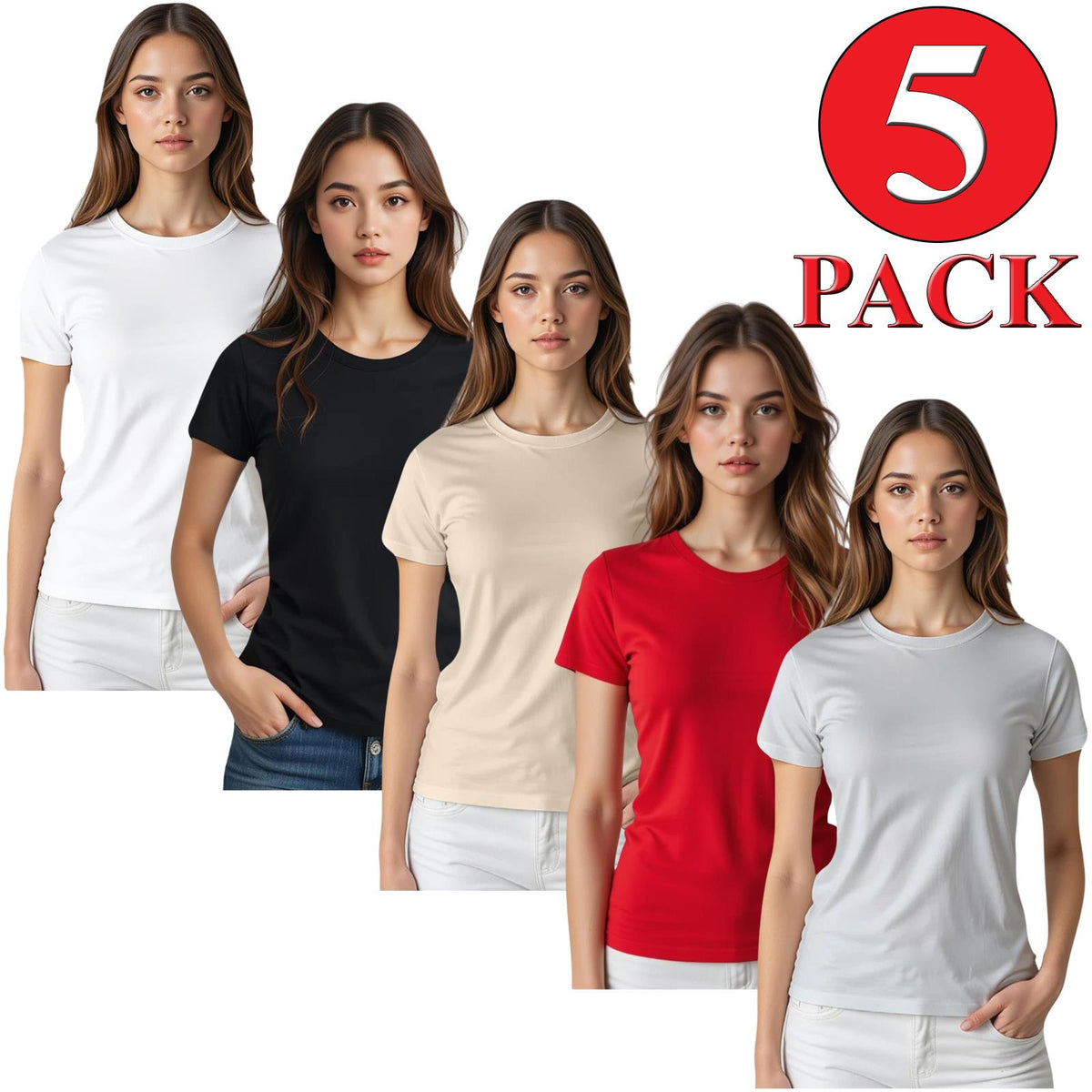 5 Pack Womens Plain Crew Neck T-Shirts – 5poundstuff