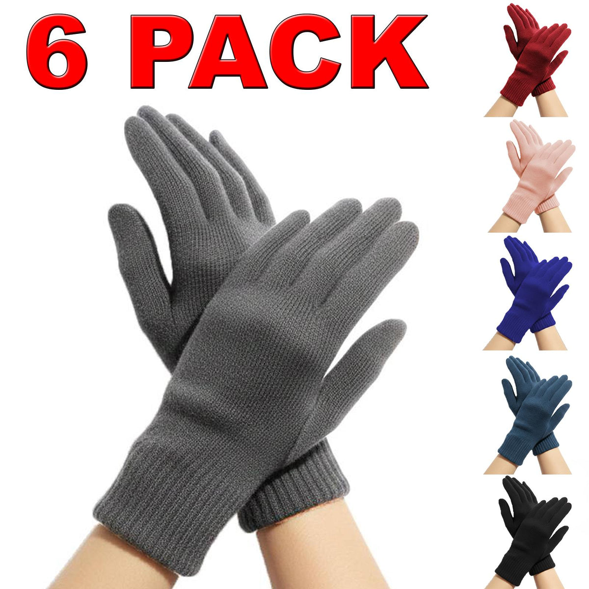 6 Pack Women’s Winter Knit Gloves – Warm, Stretchy & Soft Assorted Col ...